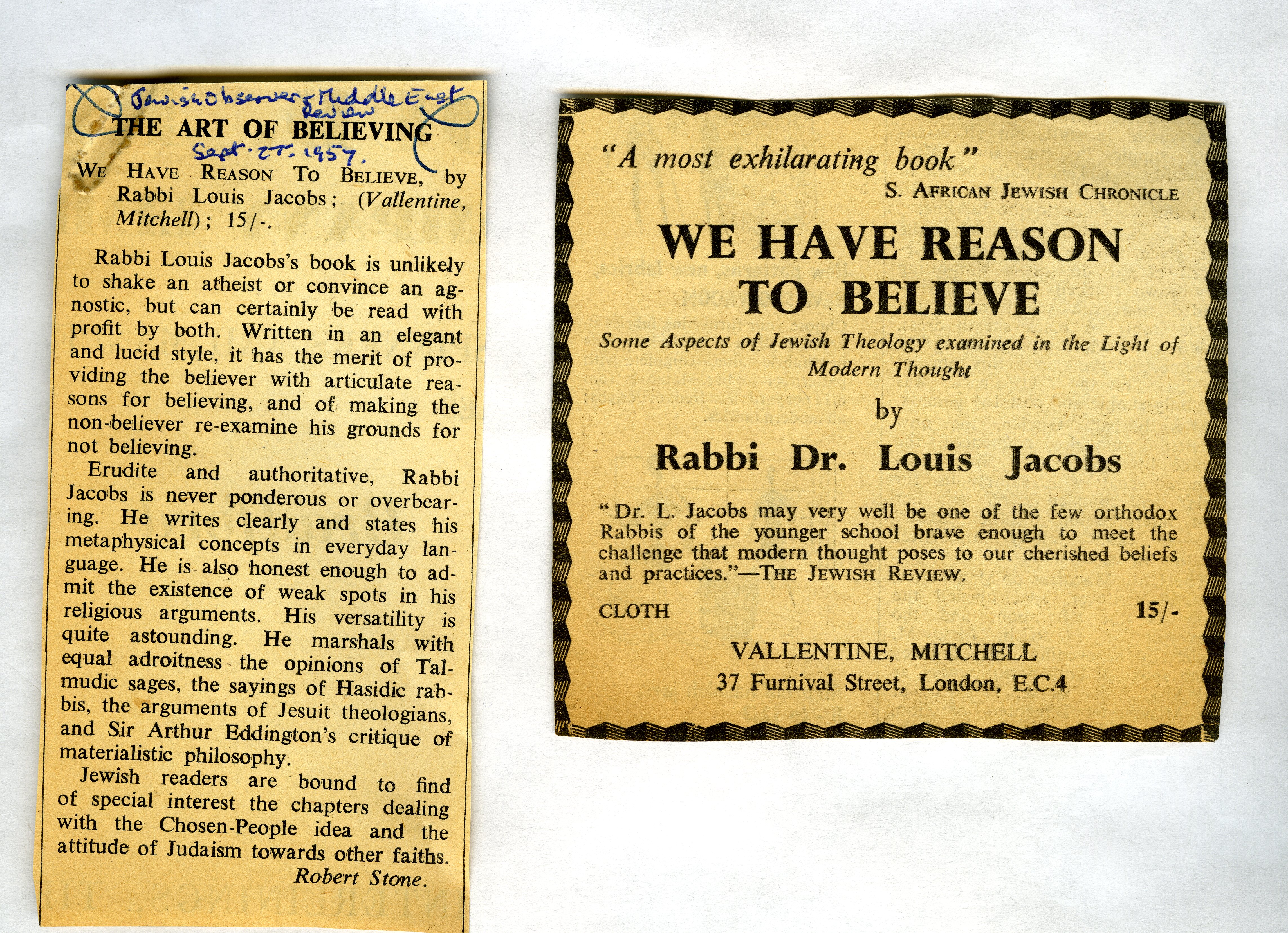 Rabbi Louis Jacobs Exhibition - Life